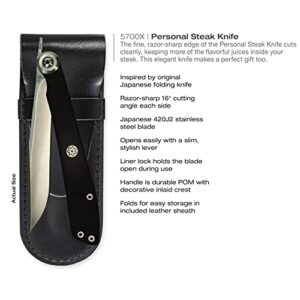 Kai Personal Steak/Gentleman's Knife, Manual Folding Japanese Pocketknife with Leather Sheath, 3.25 Inch Blade, Silver, Black Handle, KAS5702, Pack of 1