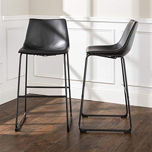 Walker Edison Douglas Urban Industrial Faux Leather Armless Bar Chairs, Set of 2, Black