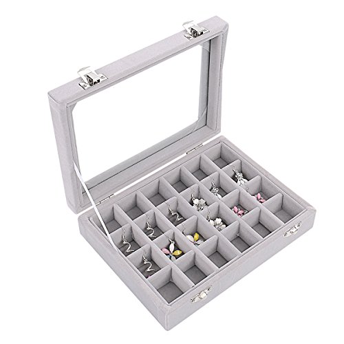 Ivosmart 24 Section Velvet Glass Jewelry Ring Display Organiser Box Tray Holder Earrings Storage Case (Grey)