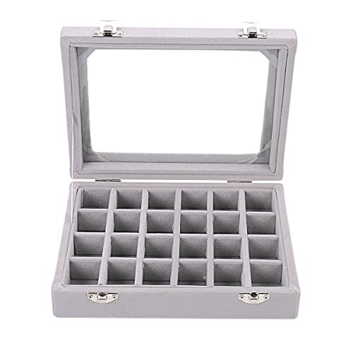 Ivosmart 24 Section Velvet Glass Jewelry Ring Display Organiser Box Tray Holder Earrings Storage Case (Grey)