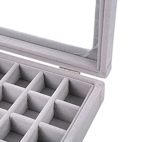 Ivosmart 24 Section Velvet Glass Jewelry Ring Display Organiser Box Tray Holder Earrings Storage Case (Grey)