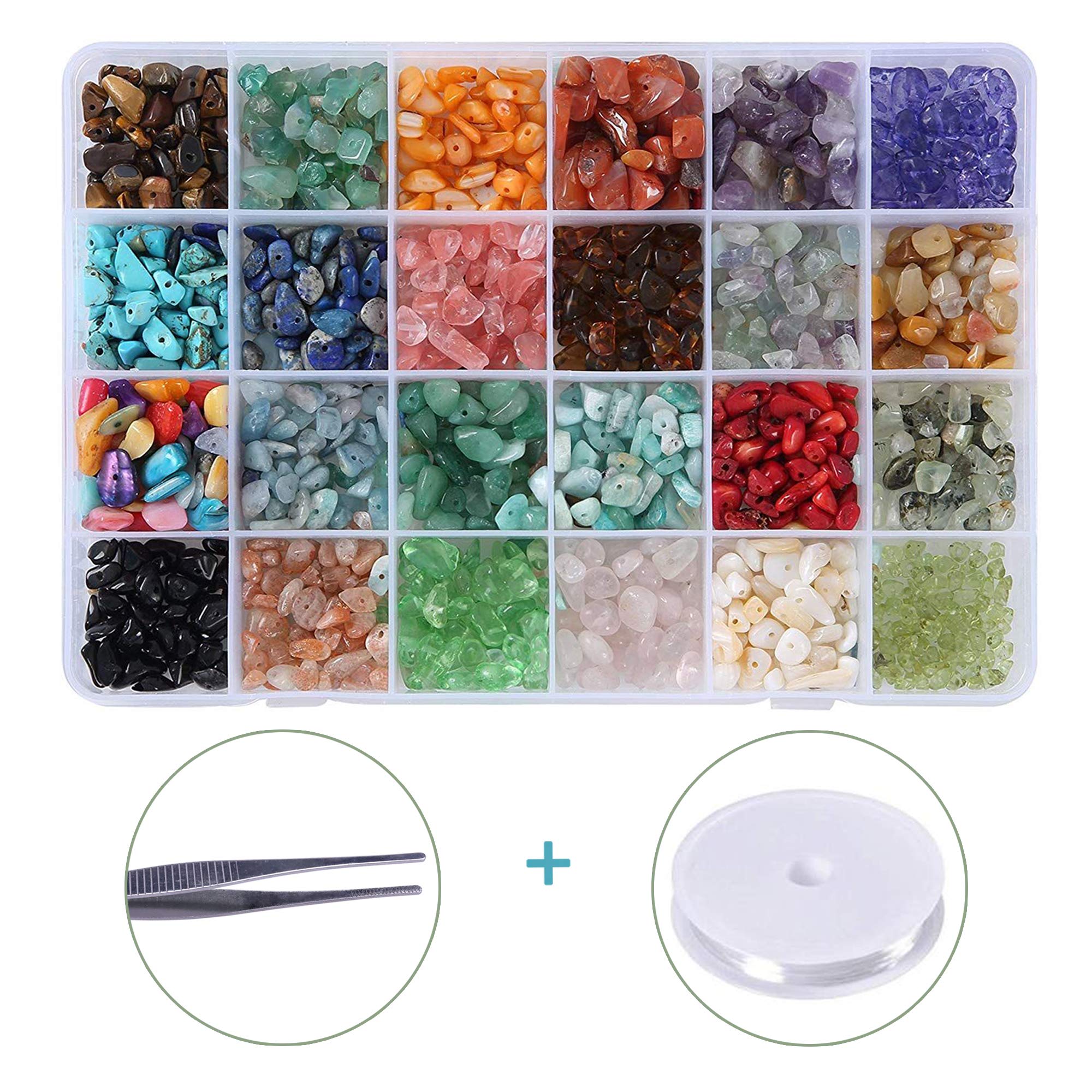 Efivs Arts 1500PCS Stone Beads, Crystal Beads Ring Making Kit Gemstone Beads Set 24 Styles Crystal Pieces for Jewelry Making Crushed Chunked for DIY Crafts for Holiday Gift