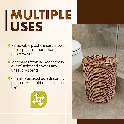 KOUBOO La Jolla Rattan Round Waste Basket With Lid & Plastic Insert, 2 Gallon Woven Wastebasket for Bathroom, Kitchen, Office, Living Room, & Home Decor, Honey Brown