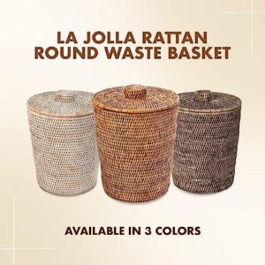 KOUBOO La Jolla Rattan Round Waste Basket With Lid & Plastic Insert, 2 Gallon Woven Wastebasket for Bathroom, Kitchen, Office, Living Room, & Home Decor, Honey Brown