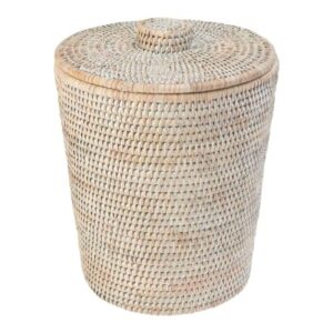 kouboo la jolla rattan round waste basket with lid & plastic insert, 2 gallon woven wastebasket for bathroom, kitchen, office, living room, & home decor, white wash