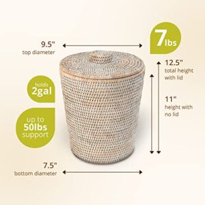 KOUBOO La Jolla Rattan Round Waste Basket With Lid & Plastic Insert, 2 Gallon Woven Wastebasket for Bathroom, Kitchen, Office, Living Room, & Home Decor, White Wash