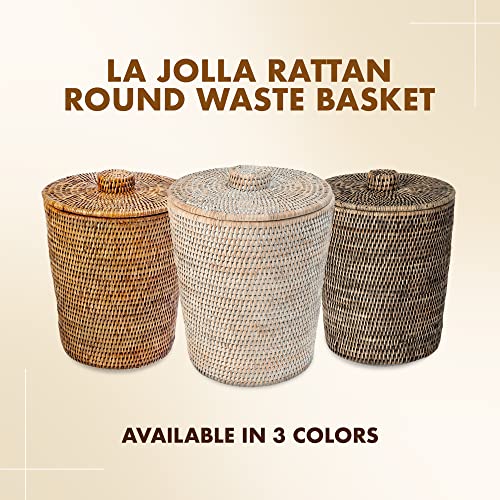 KOUBOO La Jolla Rattan Round Waste Basket With Lid & Plastic Insert, 2 Gallon Woven Wastebasket for Bathroom, Kitchen, Office, Living Room, & Home Decor, White Wash