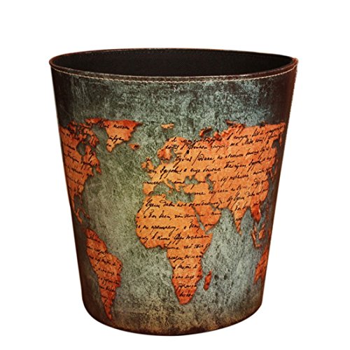 JUWA Wastebasket, Sam Young European Style World Map Pattern PU Leather Paper Basket Trash Can Dustbin Garbage Bin.