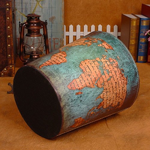 JUWA Wastebasket, Sam Young European Style World Map Pattern PU Leather Paper Basket Trash Can Dustbin Garbage Bin.