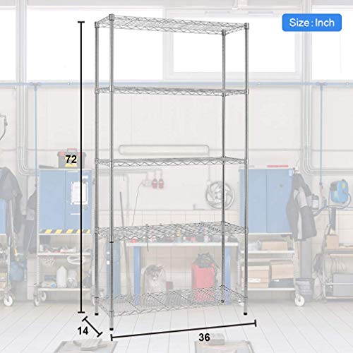 BestOffice 14''Lx36''Wx72''H 5 Shelf Wire Shelving Unit Garage Heavy Duty Height Adjustable Commercial Grade NSF Certification Utility Rolling Steel Layer Rack Organizer Kitchen