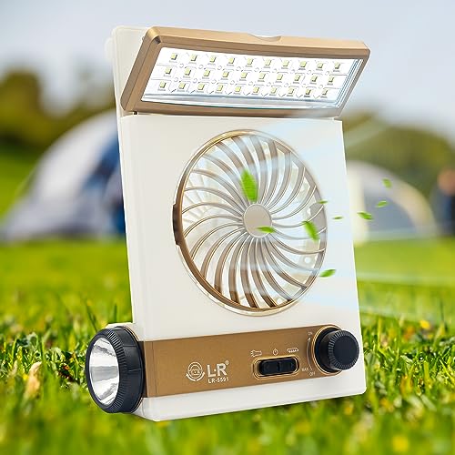 Ansee Solar Fan Camping Fan Cooling Table Fans 3 in 1 Multi-Function with Eye-Care LED Table Lamp Flashlight Torch Solar Panel Adaptor Plug for Home Use Camping (Golden)