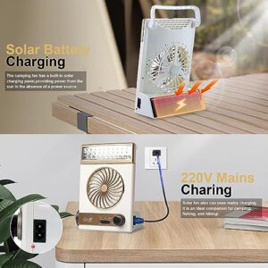 Ansee Solar Fan Camping Fan Cooling Table Fans 3 in 1 Multi-Function with Eye-Care LED Table Lamp Flashlight Torch Solar Panel Adaptor Plug for Home Use Camping (Golden)