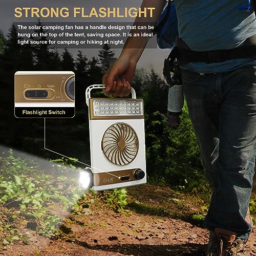 Ansee Solar Fan Camping Fan Cooling Table Fans 3 in 1 Multi-Function with Eye-Care LED Table Lamp Flashlight Torch Solar Panel Adaptor Plug for Home Use Camping (Golden)