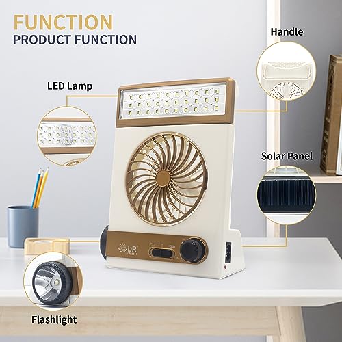 Ansee Solar Fan Camping Fan Cooling Table Fans 3 in 1 Multi-Function with Eye-Care LED Table Lamp Flashlight Torch Solar Panel Adaptor Plug for Home Use Camping (Golden)