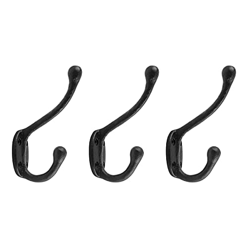 Renovators Supply Manufacturing Black Wrought Iron Robe and Coat Double Hooks 5 in. Long Rustic Entry Way Hat or Jacket Hanger Wall Mount Rust Resistant Bathroom Towel Hooks with Hardware Pack of 3