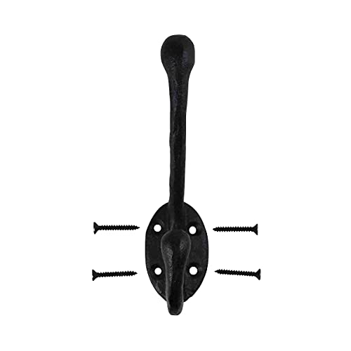 Renovators Supply Manufacturing Black Wrought Iron Robe and Coat Double Hooks 5 in. Long Rustic Entry Way Hat or Jacket Hanger Wall Mount Rust Resistant Bathroom Towel Hooks with Hardware Pack of 3