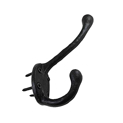 Renovators Supply Manufacturing Black Wrought Iron Robe and Coat Double Hooks 5 in. Long Rustic Entry Way Hat or Jacket Hanger Wall Mount Rust Resistant Bathroom Towel Hooks with Hardware Pack of 3