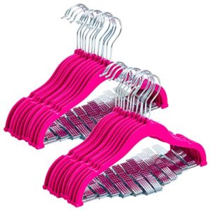 24 pack hot pink velvet hangers with clips for kids, baby nursery, children's closet, dresses, shirts, pants, skirts, ultra thin, nonslip, space-saving (12 inches)