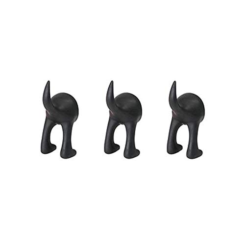 HAPPY COASTER CARDS Set of 3 Dog Tail Hooks Hat Coat Key Wall Mounted Hanger (Black)