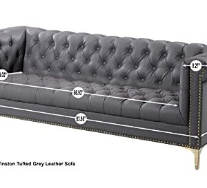 Iconic Home Winston Nail Head Tone Legs PU Leather Modern Contemporary Button Tufted with Gold Nailhead Trim Goldtone Metal Y-Shaped Feet Sofa, Grey