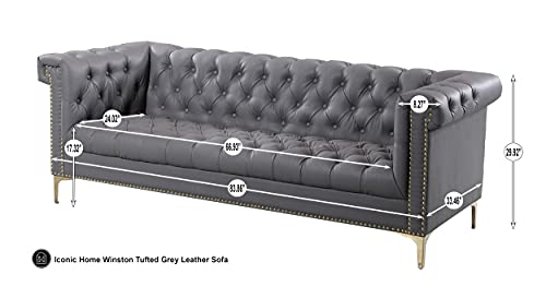 Iconic Home Winston Nail Head Tone Legs PU Leather Modern Contemporary Button Tufted with Gold Nailhead Trim Goldtone Metal Y-Shaped Feet Sofa, Grey