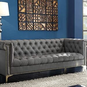 Iconic Home Winston Nail Head Tone Legs PU Leather Modern Contemporary Button Tufted with Gold Nailhead Trim Goldtone Metal Y-Shaped Feet Sofa, Grey