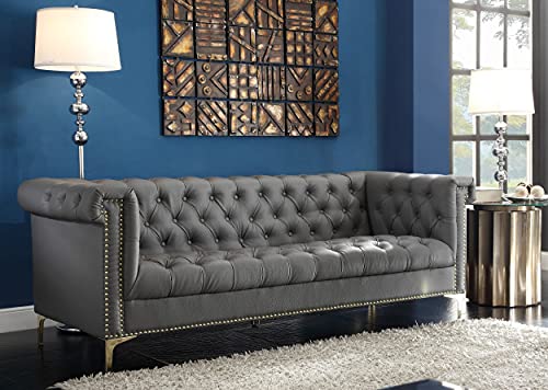 Iconic Home Winston Nail Head Tone Legs PU Leather Modern Contemporary Button Tufted with Gold Nailhead Trim Goldtone Metal Y-Shaped Feet Sofa, Grey