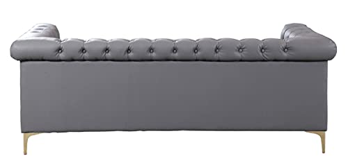 Iconic Home Winston Nail Head Tone Legs PU Leather Modern Contemporary Button Tufted with Gold Nailhead Trim Goldtone Metal Y-Shaped Feet Sofa, Grey