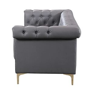 Iconic Home Winston Nail Head Tone Legs PU Leather Modern Contemporary Button Tufted with Gold Nailhead Trim Goldtone Metal Y-Shaped Feet Sofa, Grey