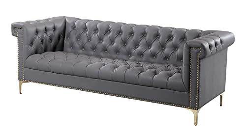 Iconic Home Winston Nail Head Tone Legs PU Leather Modern Contemporary Button Tufted with Gold Nailhead Trim Goldtone Metal Y-Shaped Feet Sofa, Grey