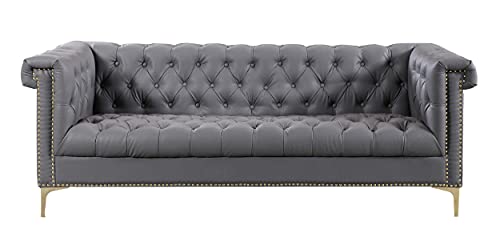 Iconic Home Winston Nail Head Tone Legs PU Leather Modern Contemporary Button Tufted with Gold Nailhead Trim Goldtone Metal Y-Shaped Feet Sofa, Grey