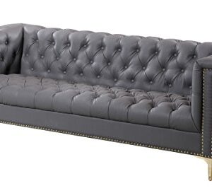 Iconic Home Winston Nail Head Tone Legs PU Leather Modern Contemporary Button Tufted with Gold Nailhead Trim Goldtone Metal Y-Shaped Feet Sofa, Grey