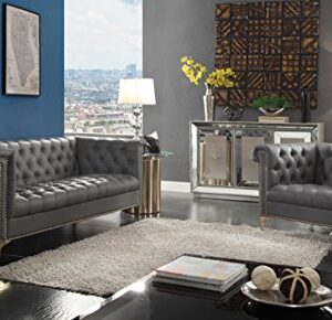 Iconic Home Winston Nail Head Tone Legs PU Leather Modern Contemporary Button Tufted with Gold Nailhead Trim Goldtone Metal Y-Shaped Feet Sofa, Grey