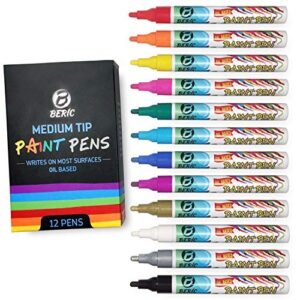 premium paint pens by beric 12 pack, oil-based paint marker, medium point, writes on almost anything, water and sun resistant vibrant colors low odor long lasting fast drying assorted colors