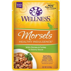 wellness healthy indulgence natural grain free wet cat food, morsels chicken & turkey, 3-ounce pouch (pack of 24)