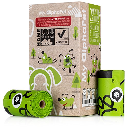 My AlphaPet Compostable Dog Poop Bags - Cornstarch Earth Friendly - Highest ASTM D6400 Rated - 120 Count 8 Unscented Refill Rolls - Large Size 9 x 13 Inches - Leak Proof Doggie Waste Bags