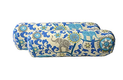 Set of 2 Indoor / Outdoor Decorative Bolster / Neckroll Pillows - Sapphire Blue, Turquoise, Green, Gray Bohemian Elephant Menagerie Sapphire