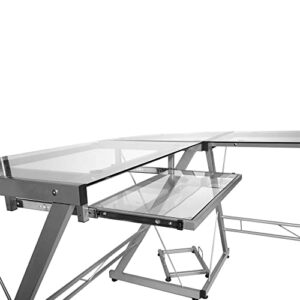 OneSpace Ultramodern Glass L-Shape Desk, Silver and Clear