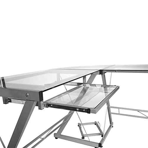 OneSpace Ultramodern Glass L-Shape Desk, Silver and Clear