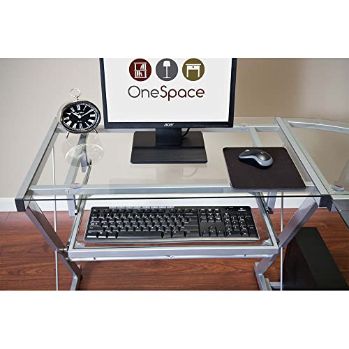 OneSpace Ultramodern Glass L-Shape Desk, Silver and Clear