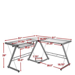 OneSpace Ultramodern Glass L-Shape Desk, Silver and Clear