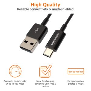 Amazon Basics USB Type-C to USB-A 2.0 Male Charger Cable, 3 Feet (0.9 Meters), Black, 1 Count, 1-Pack, Laptop