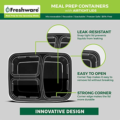 Freshware Meal Prep Containers [15 Pack] 3 Compartment with Lids, Food Containers, Lunch Box, Stackable, Bento Box, Microwave/Dishwasher Safe (32 oz)