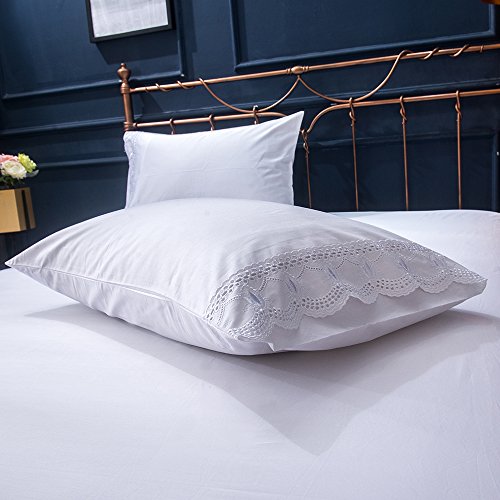 Merryfeel Cotton Bed Sheet Set,100% Cotton Sateen 300 Thread Count Embroidered Lace Sheet Set,Deep Pocket,4 Pieces,5-Star Hotel Collection- Queen White