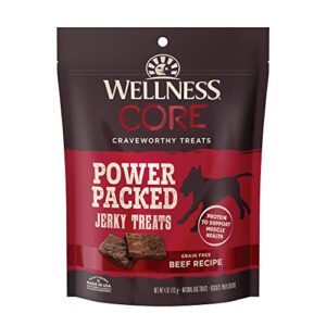 wellness core power packed dog treats (previously pure rewards), grain-free tender jerky treats, made in usa (beef recipe, 4-ounce bag)