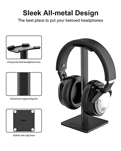 New bee Headphone Stand Headset Holder Earphone Stand with Aluminum Supporting Bar Flexible Headrest ABS Solid Base for All Headphones Size (Black)