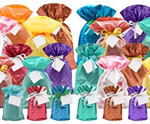 GiftMate 60pc Non-Woven and Polka Dots Drawstring Gift Bag Set (30 Gift Bags and 30 Gift Tags)