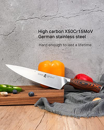 TUO Chef Knife 8 inch Kitchen Knives German High Carbon Stainless Steel Professional Sharp Chopping Knife, Chefs Knife with Pakkawood Handle and Gift Packaging