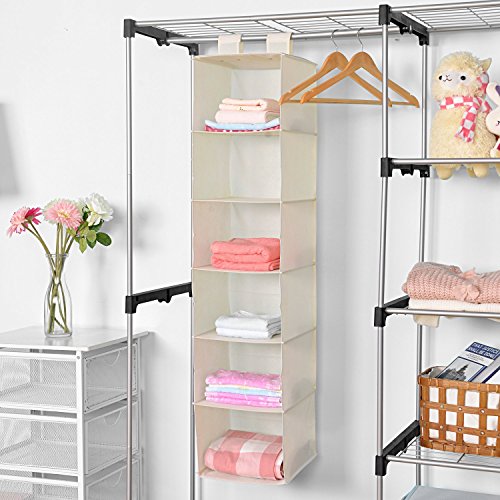 MaidMAX 6 Shelf Hanging Closet Organizer Storage Collapsible Hanging Closet Shelves Hanging Organizer for Closet with 2 Widen Straps, Foldable, Beige, 51.5 Inches High