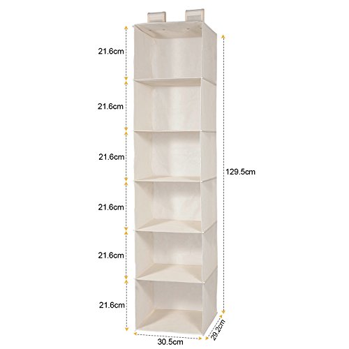 MaidMAX 6 Shelf Hanging Closet Organizer Storage Collapsible Hanging Closet Shelves Hanging Organizer for Closet with 2 Widen Straps, Foldable, Beige, 51.5 Inches High